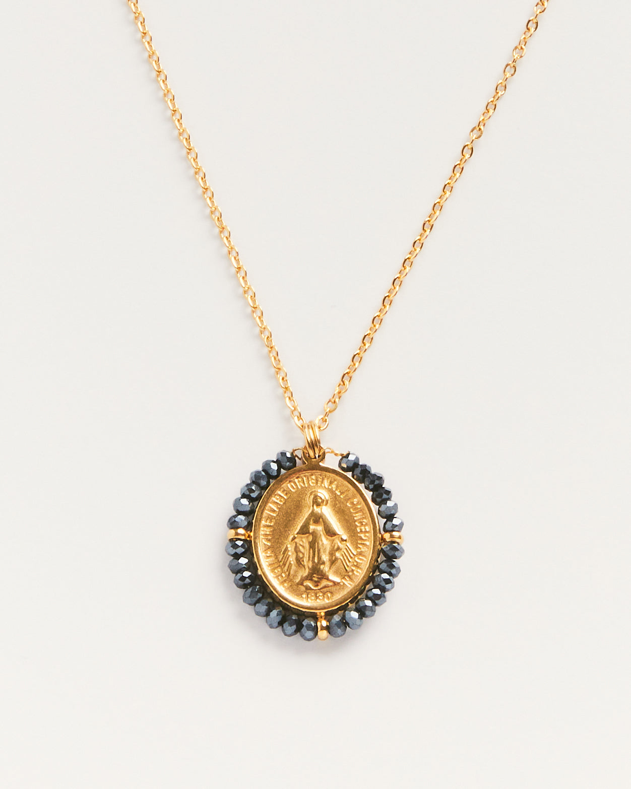 Hematite necklace, golden coin pendant for women – Palas